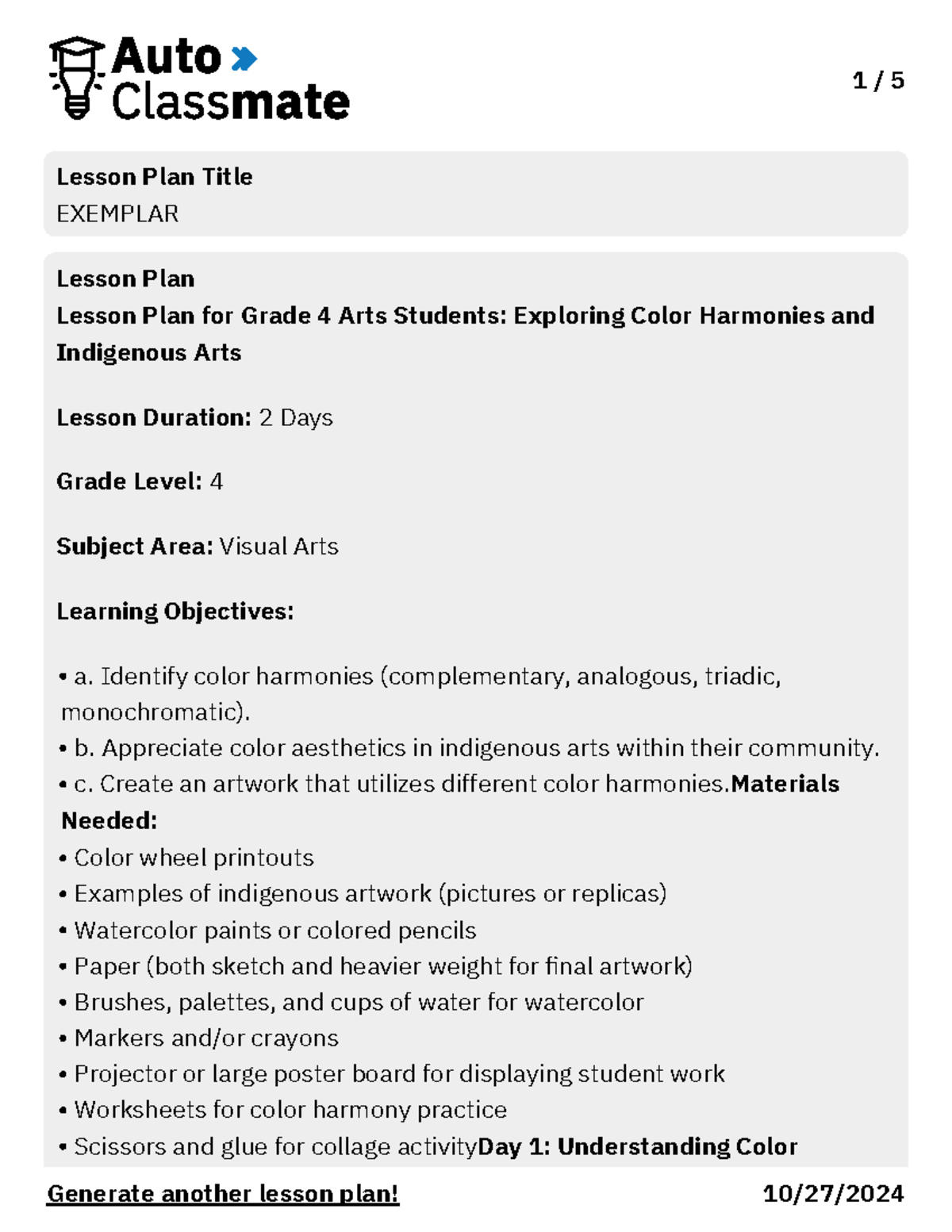 Grade 4 Arts Lesson Plan: Color Harmonies & Indigenous Art - Studocu