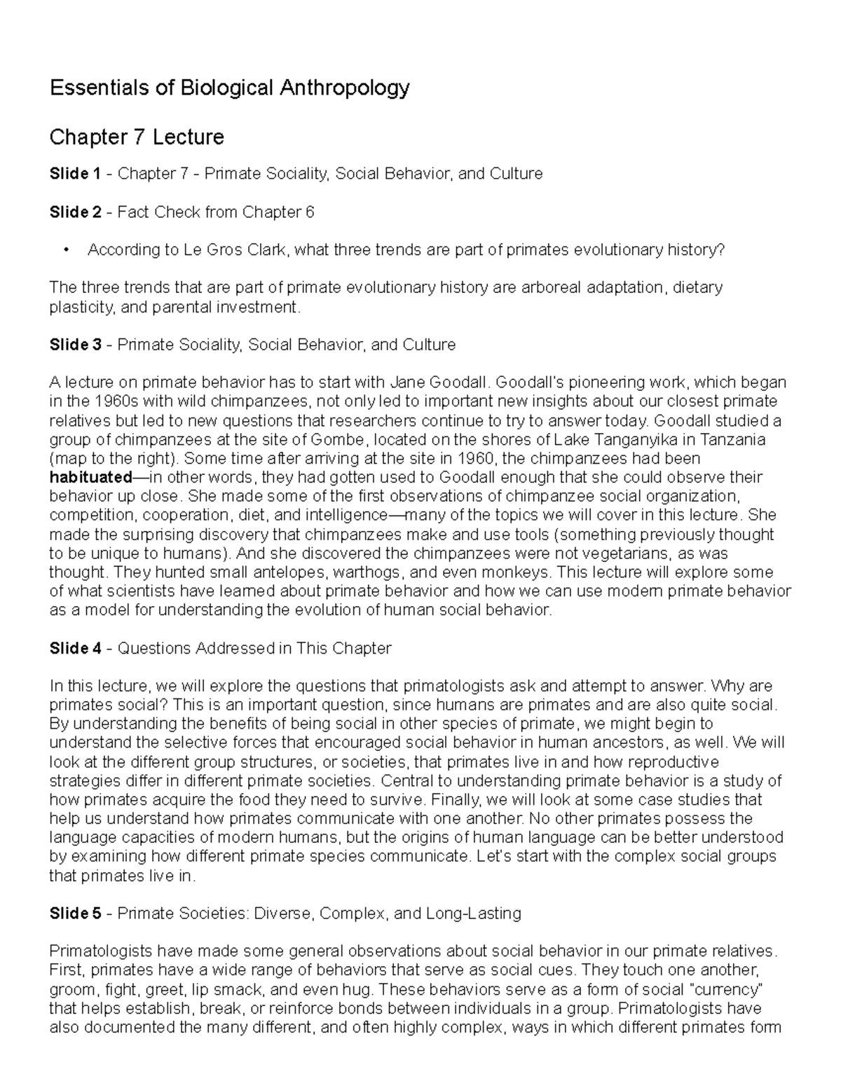 Primate Sociality and Behavior: Insights from Anthropology (EssBioAnCh7 ...