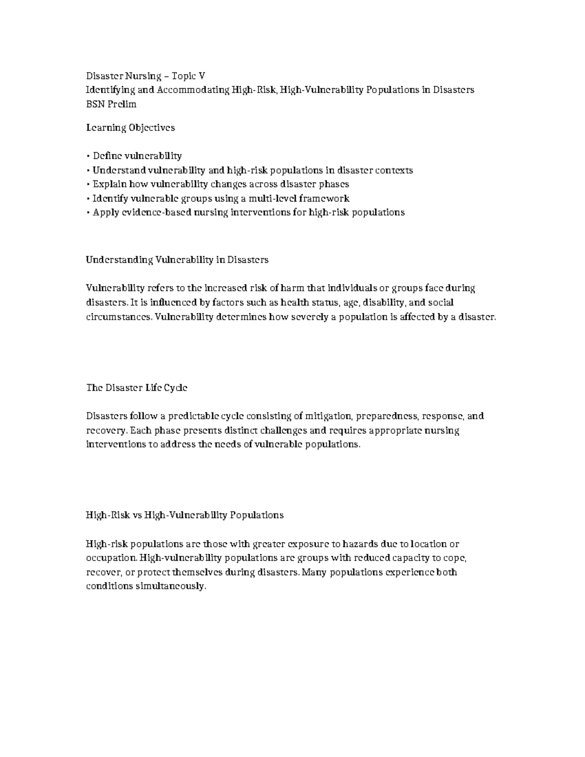 Disaster Nursing Topic V: Identifying Vulnerable Populations in ...