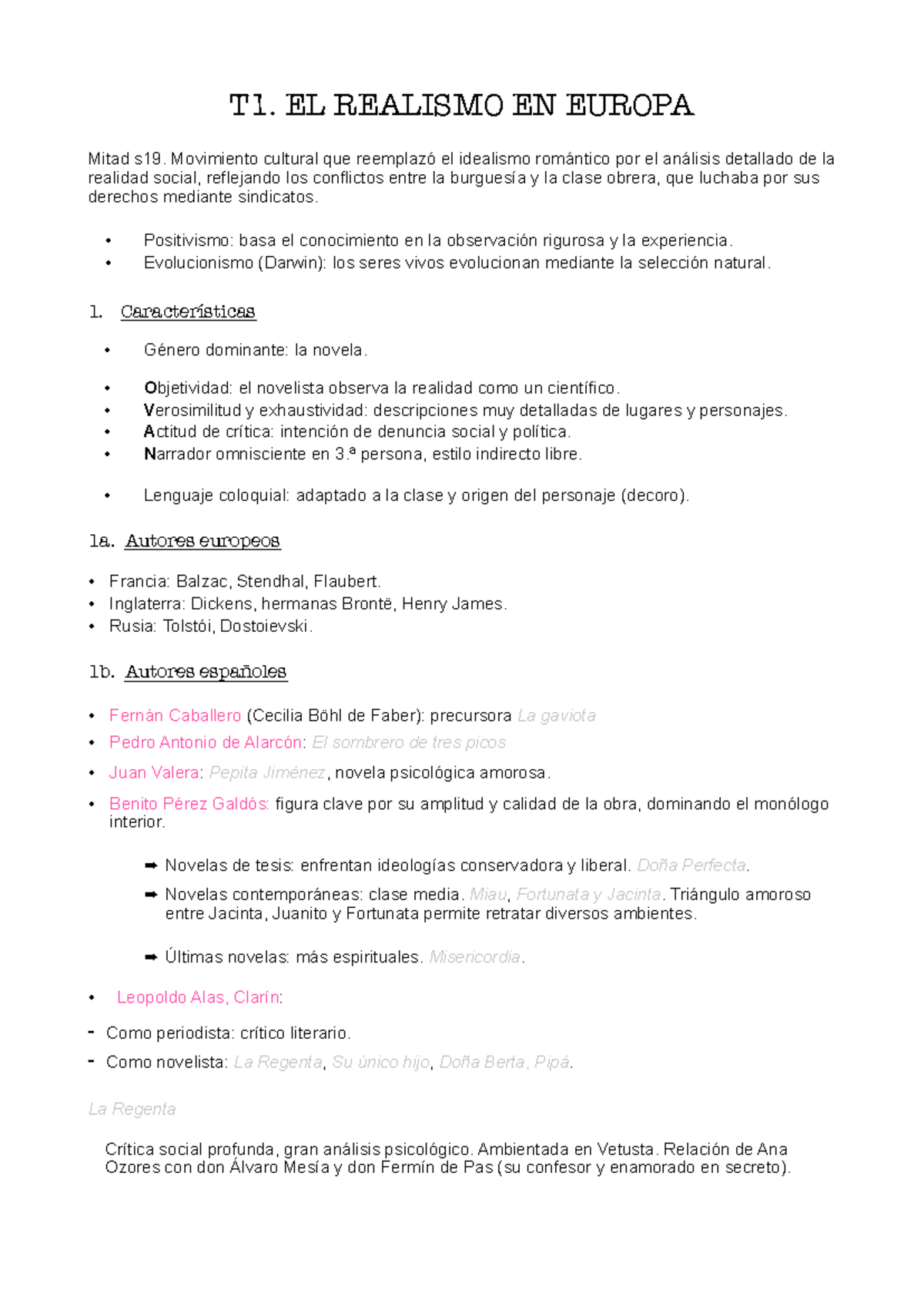 T1. El Realismo en Europa: Análisis del s19 y sus Autores - Studocu