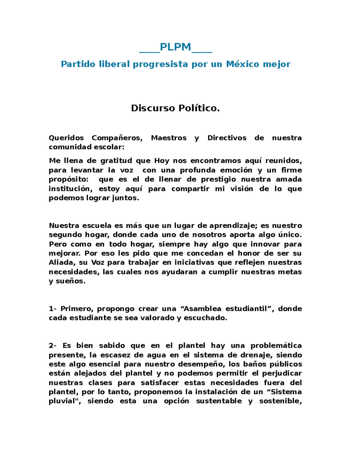 Discurso político oficial - PLPM Partido liberal progresista por un ...