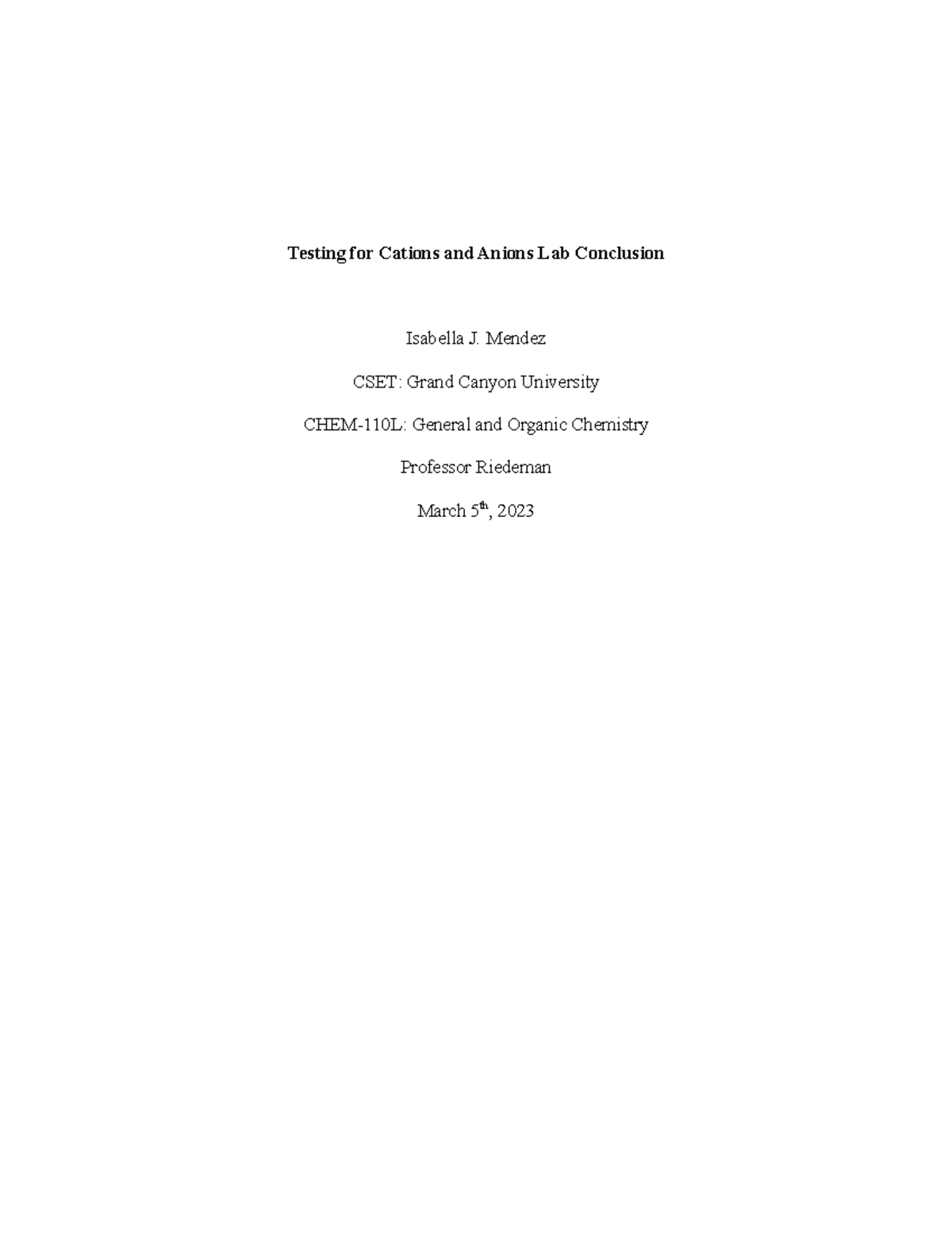 CHEM-110L Lab Conclusion: Testing for Cations and Anions - Studocu