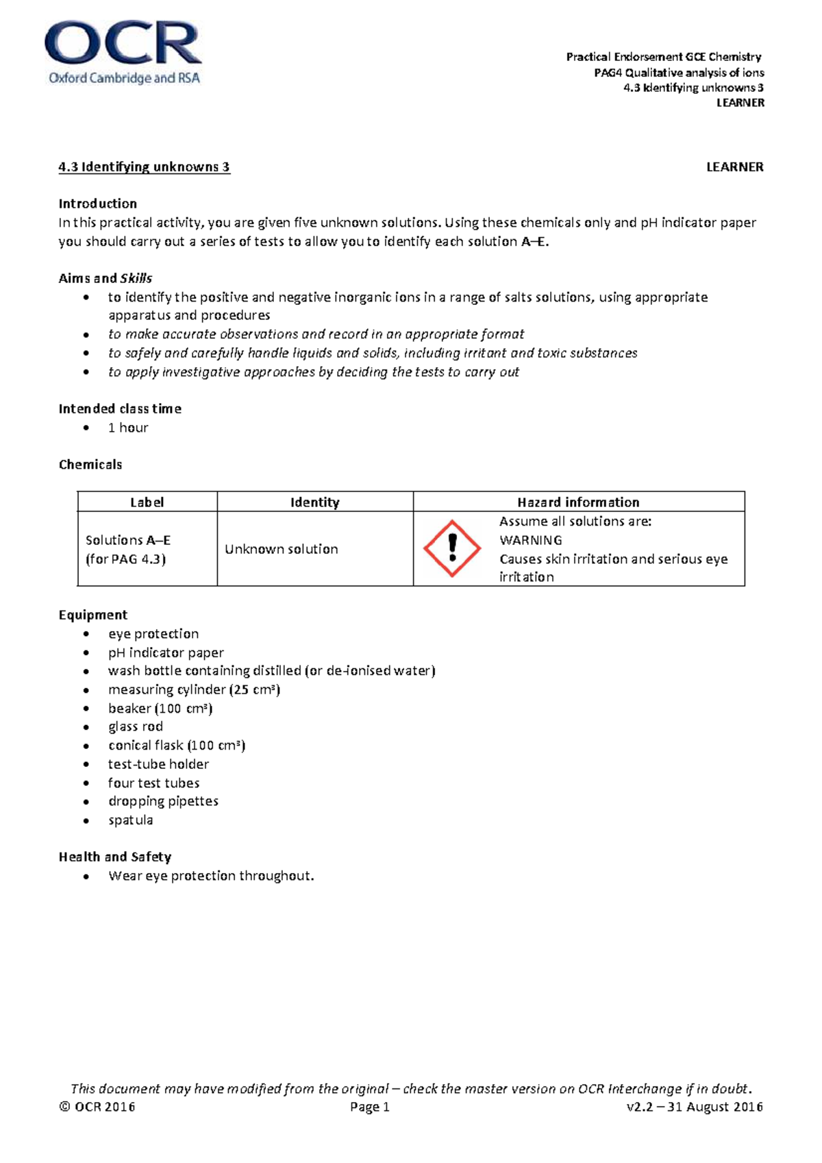 OCR Chemistry PAG 4.3 Practical: Identifying Unknown Solutions - Studocu