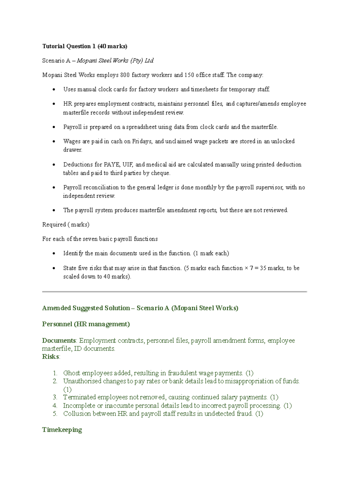 Tutorial Question 1 (40 marks) - Payroll Risks & Documentation Analysis ...
