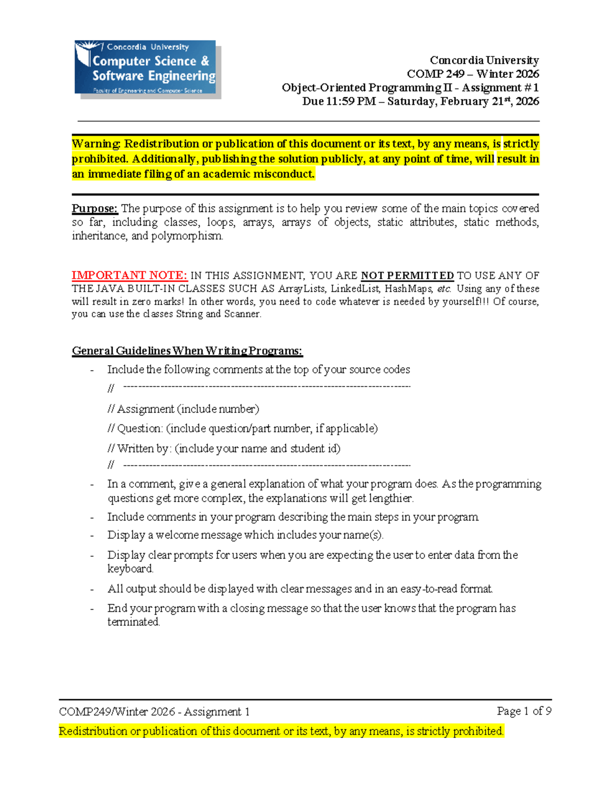 COMP 249 - Winter 2026 Programming II Assignment 1 Overview - Studocu