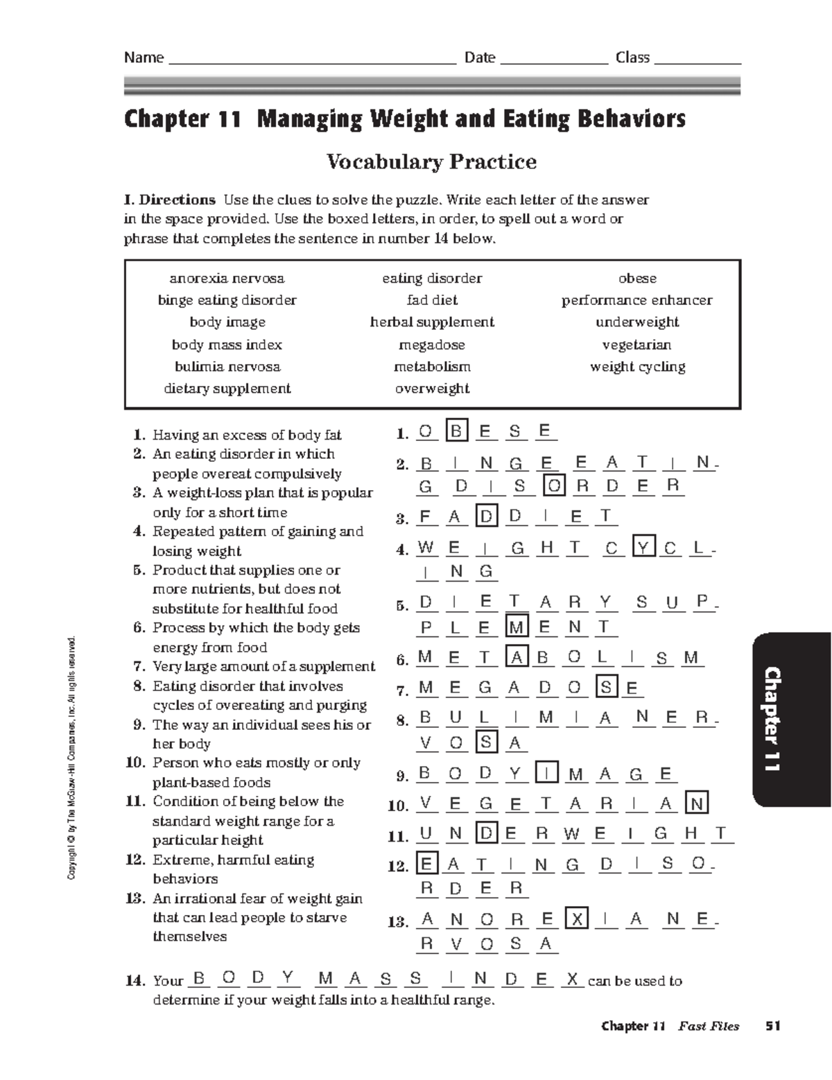 Chapter 11 Vocabulary Worksheet: Managing Weight & Eating Behaviors ...