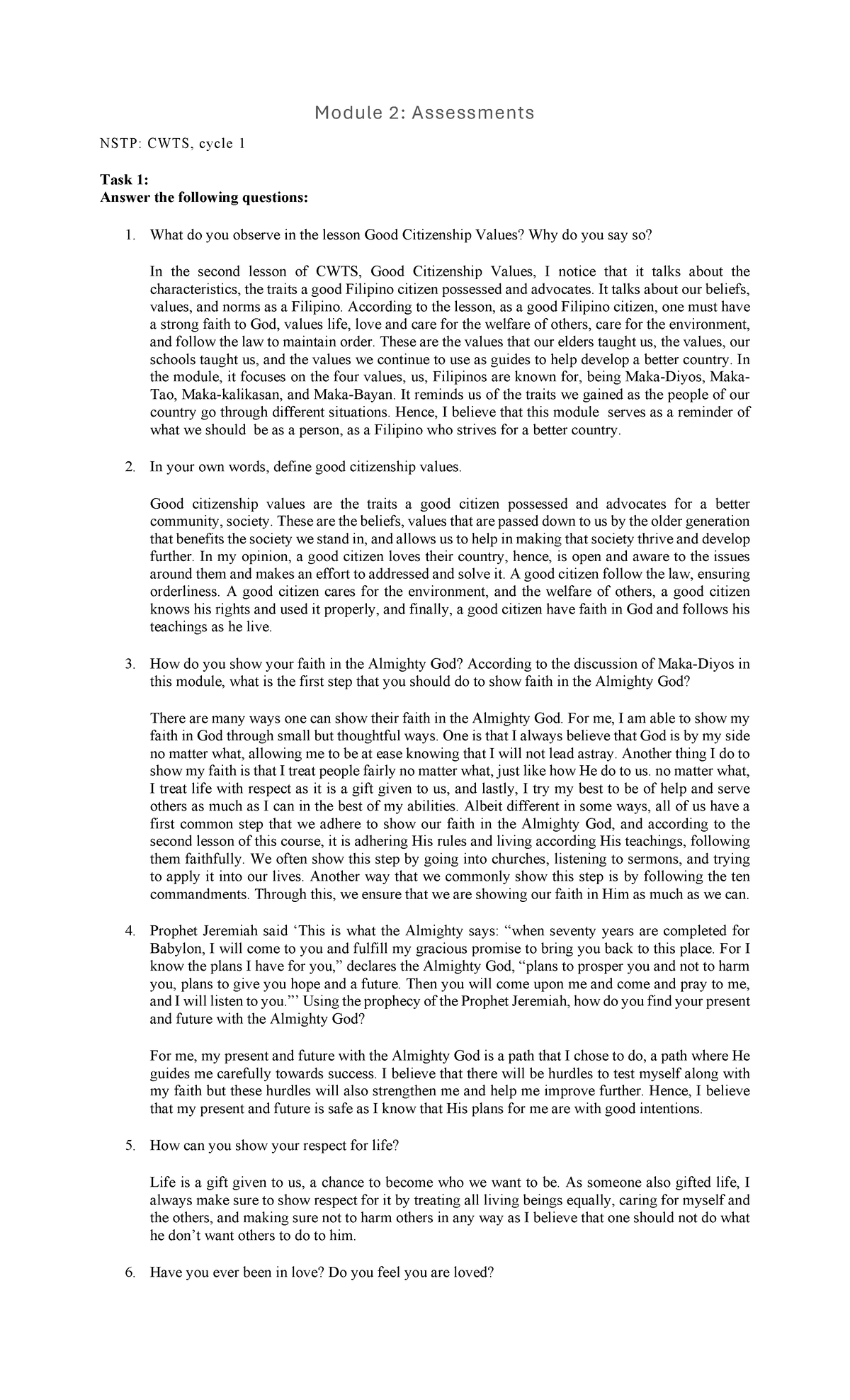 CWTS - Module 2 - Assigned activity in CWTS - Module 2: Assessments NSTP: CWTS, cycle 1 Task 1 ...