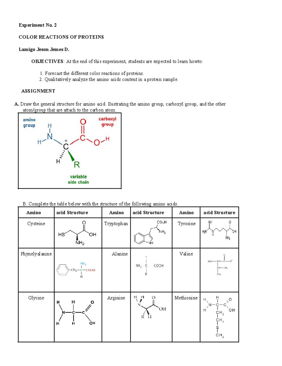 LA6 Biochemistry-Laboratory - Experiment No. 2 COLOR REACTIONS OF ...