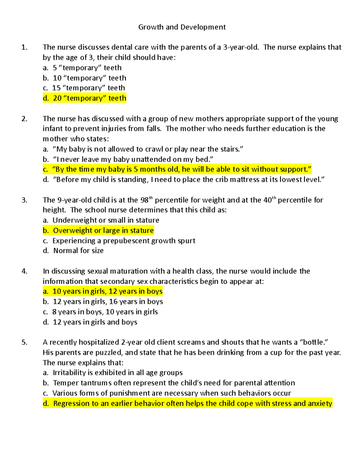 Growth and Development Quiz - Answer Key - Growth and Development The ...
