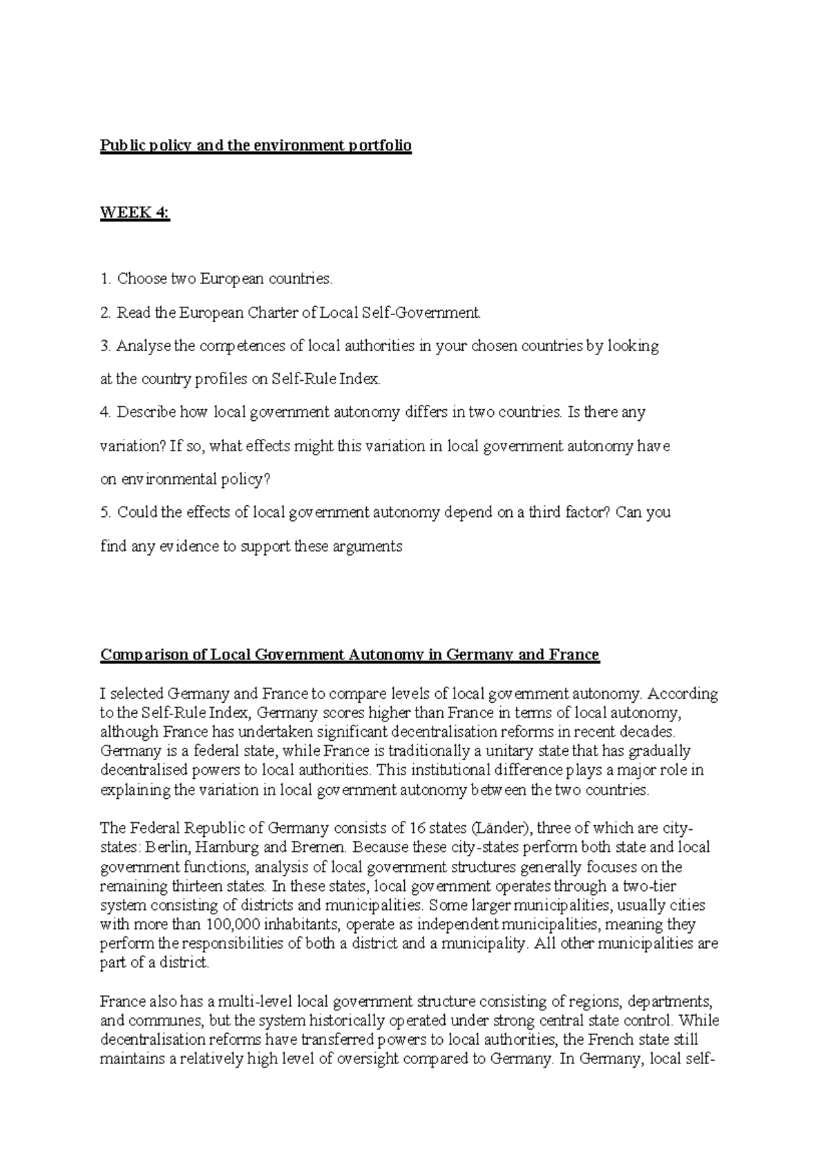 Comparison of Local Government Autonomy in Germany and France (POL 101 ...