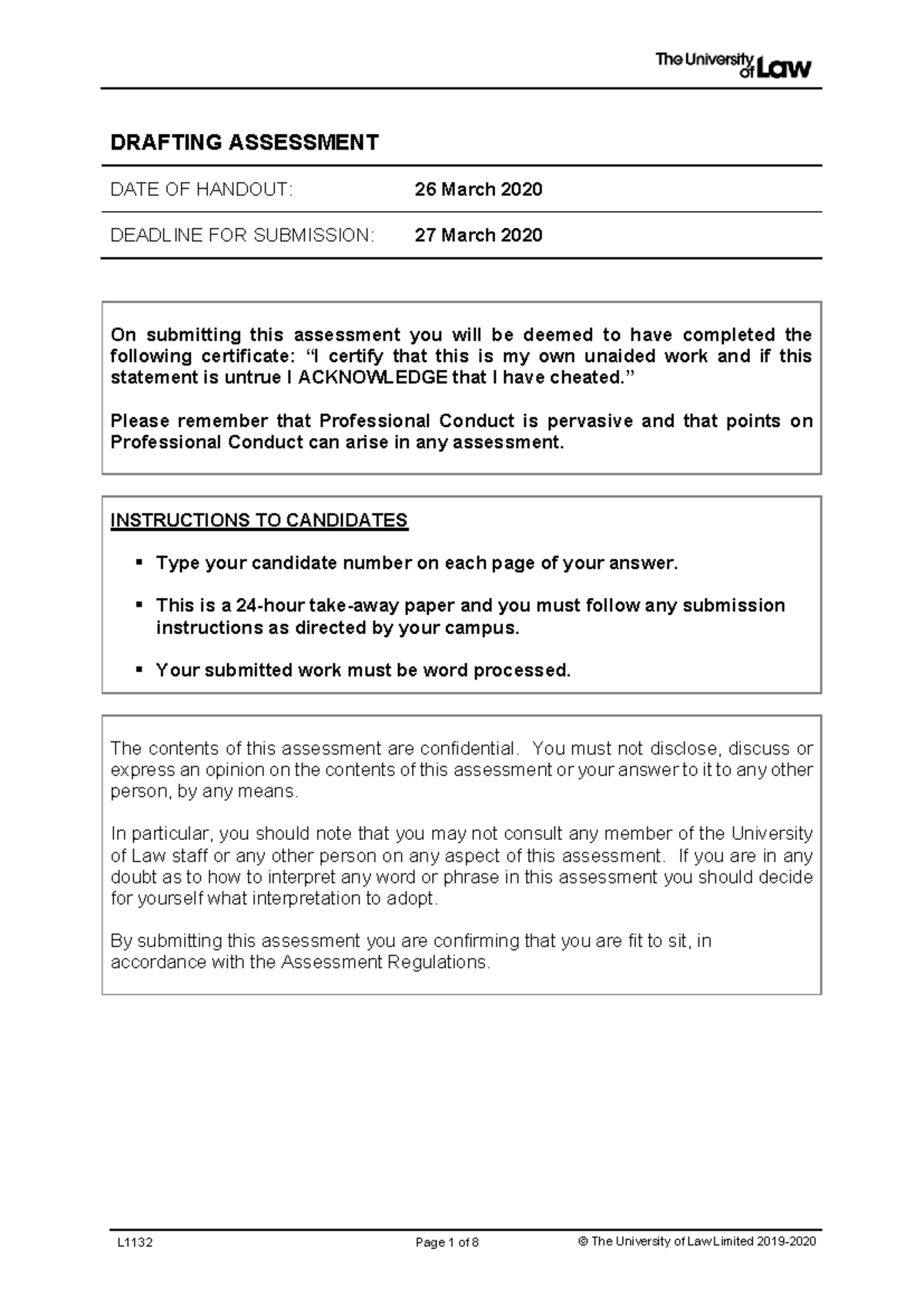 L1132 draf mar20 assessment final - DRAFTING ASSESSMENT DATE OF HANDOUT ...
