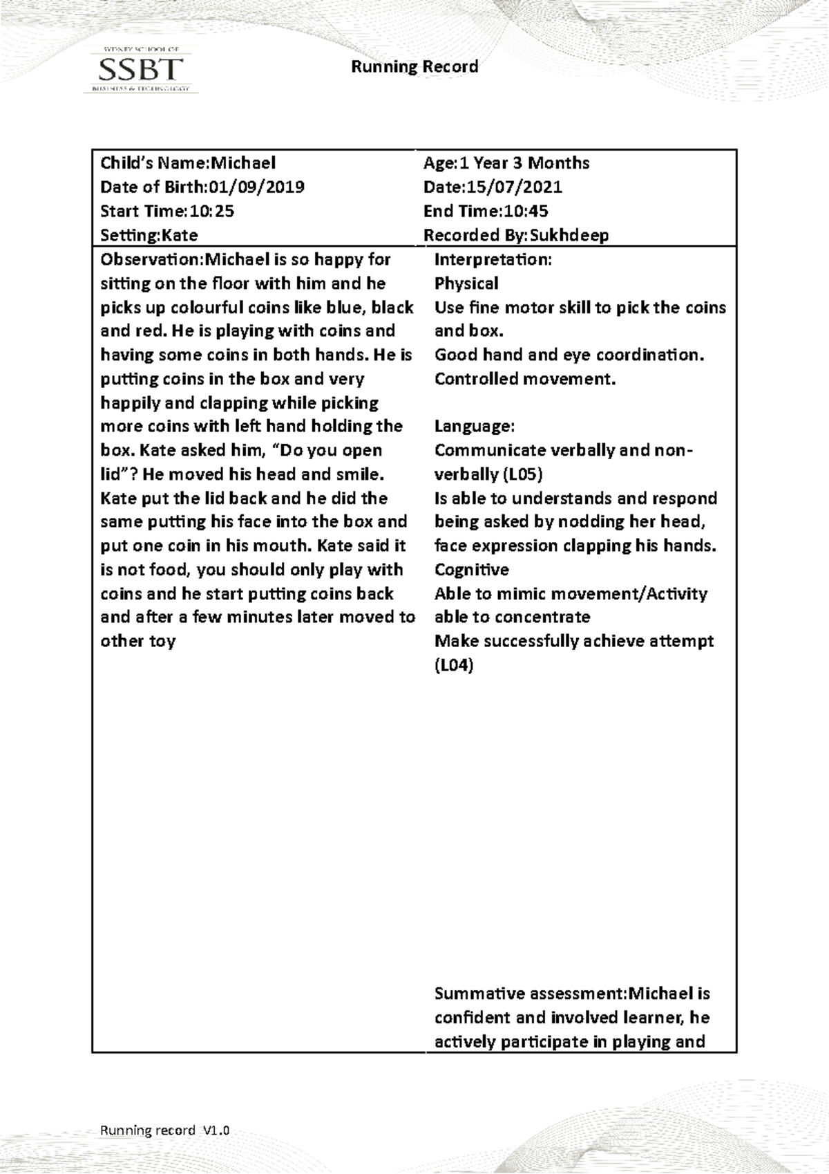 Early Childhood Running Record Template (Child: Michael, Age: 1 Year 3 ...