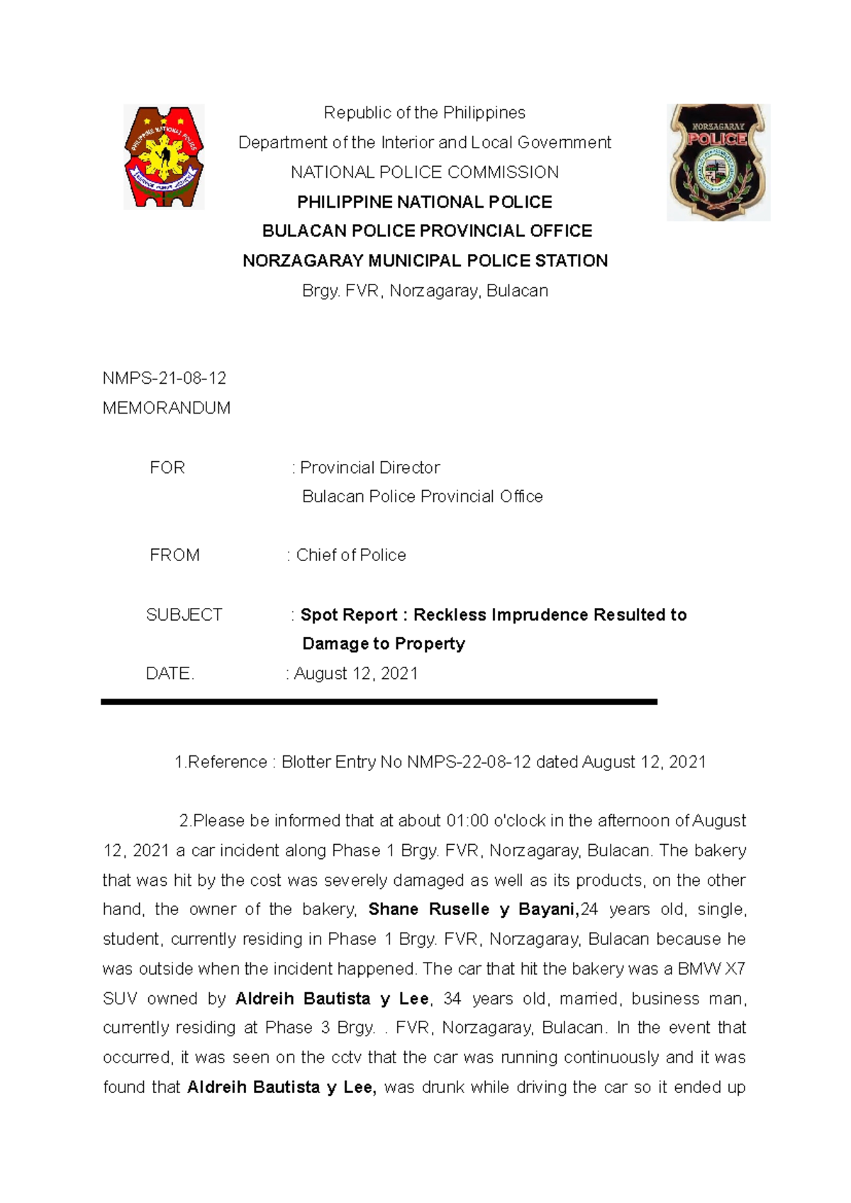 Spot Report & Blotter Report: Reckless Imprudence Incident (NMPS-21-08 ...