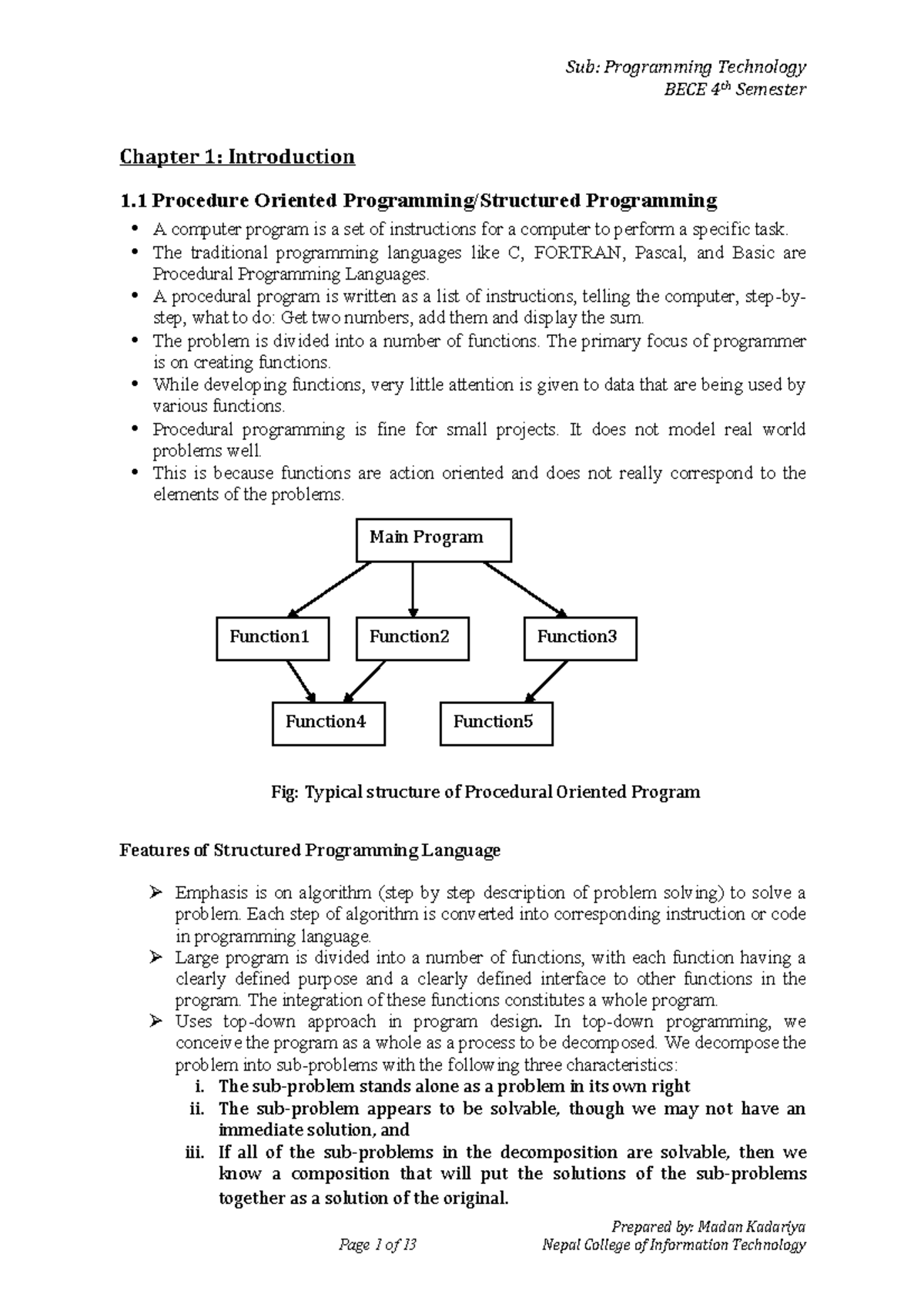 CH1 - BECE 4th Semester Prepared by: Madan Kadariya Chapter 1: Introduction 1 Procedure Oriented ...