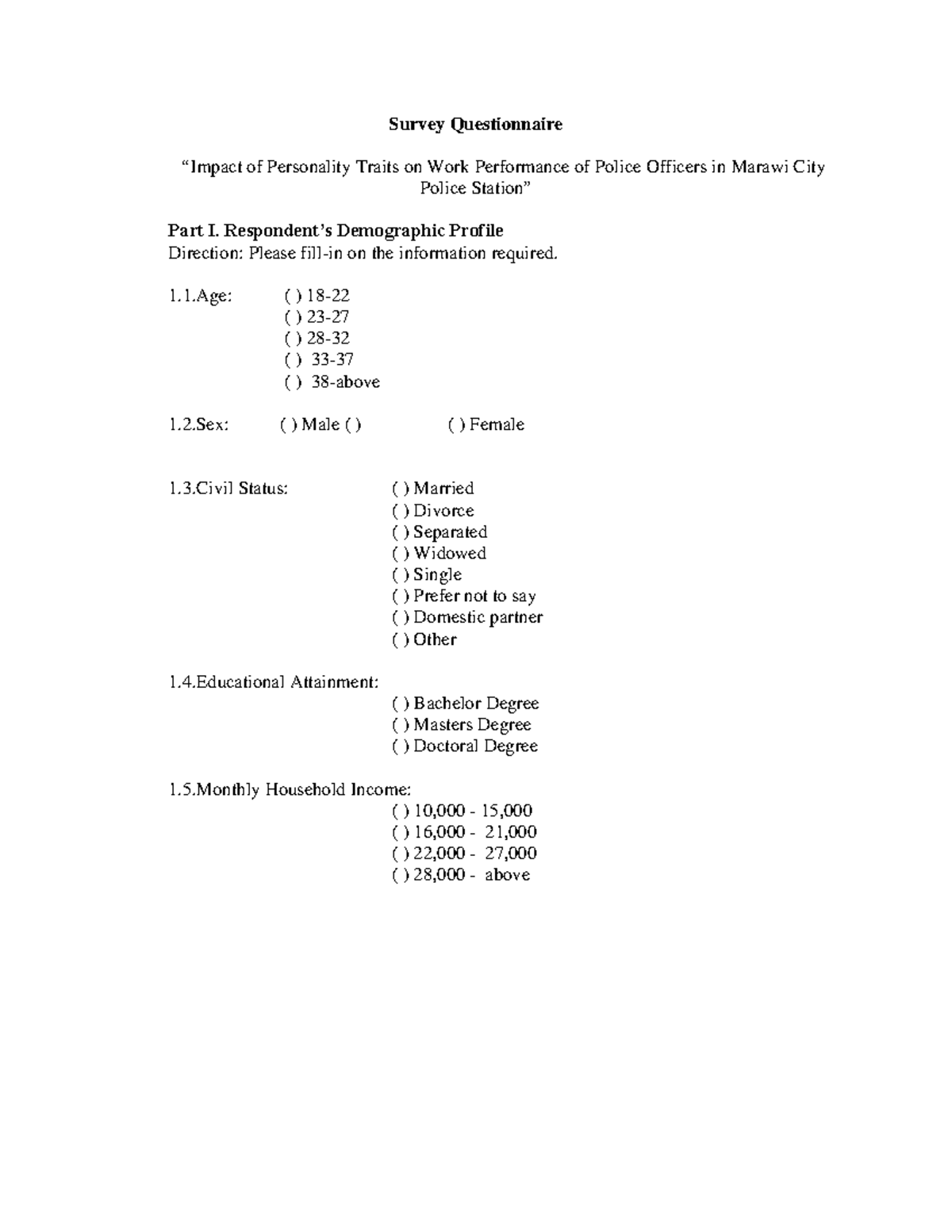 Survey Questionnaire on Personality Traits & Work Performance of Police ...