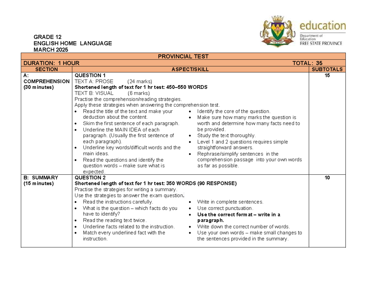 Gr 12 English HL March 2025 Provincial Test Framework (1 Hour) - Studocu