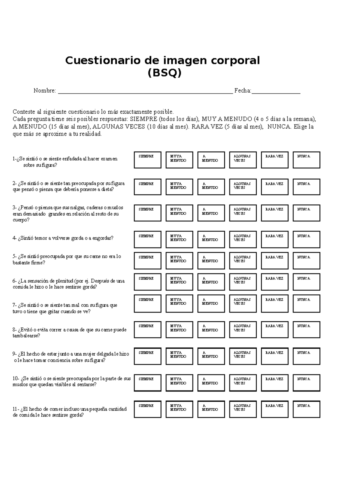 CUESTIONARIO DE IMAGEN CORPORAL BSQ - Cuestionario de imagen corporal ...