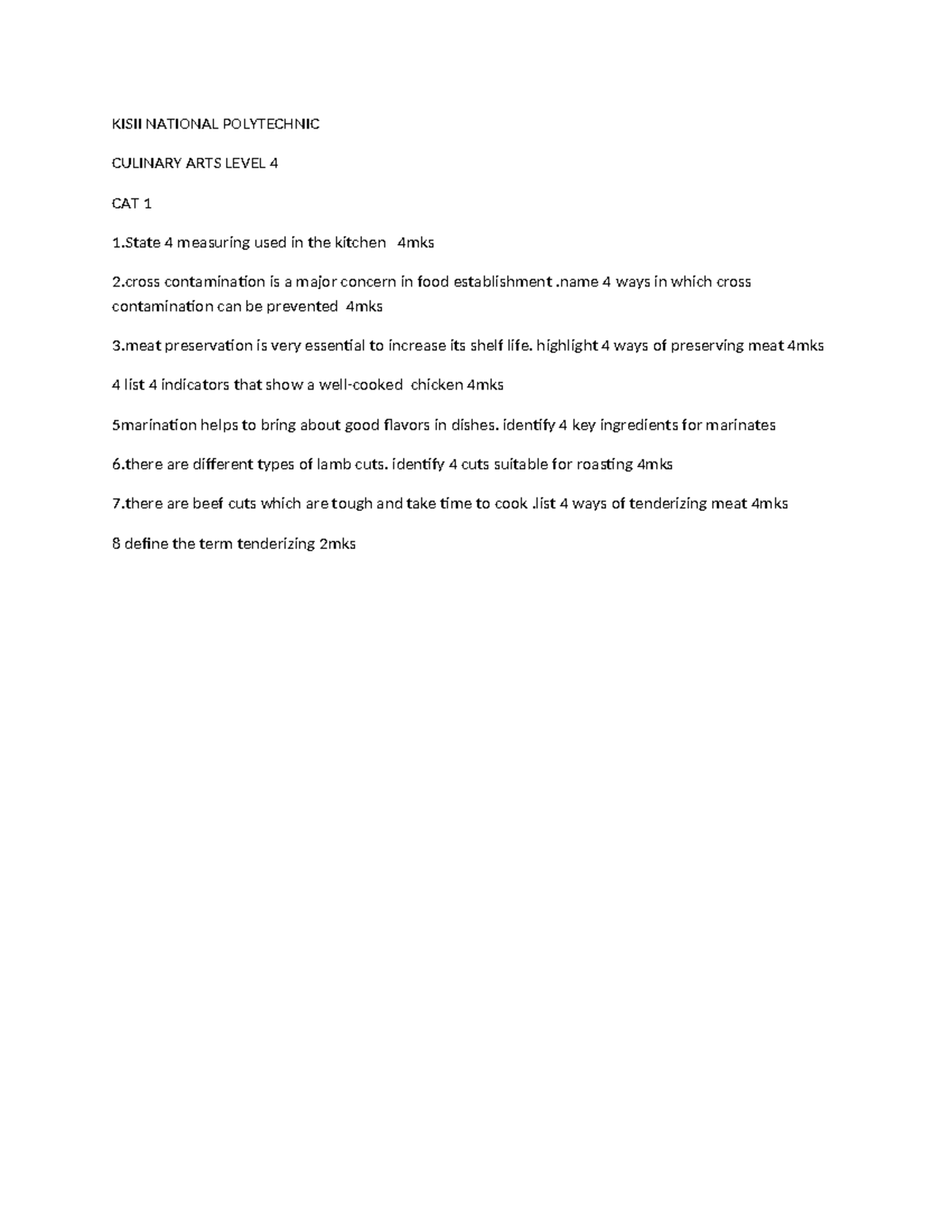KISII NATIONAL POLYTECHNIC CULINARY ARTS LEVEL 4 CAT 1 CHECKLIST - Studocu