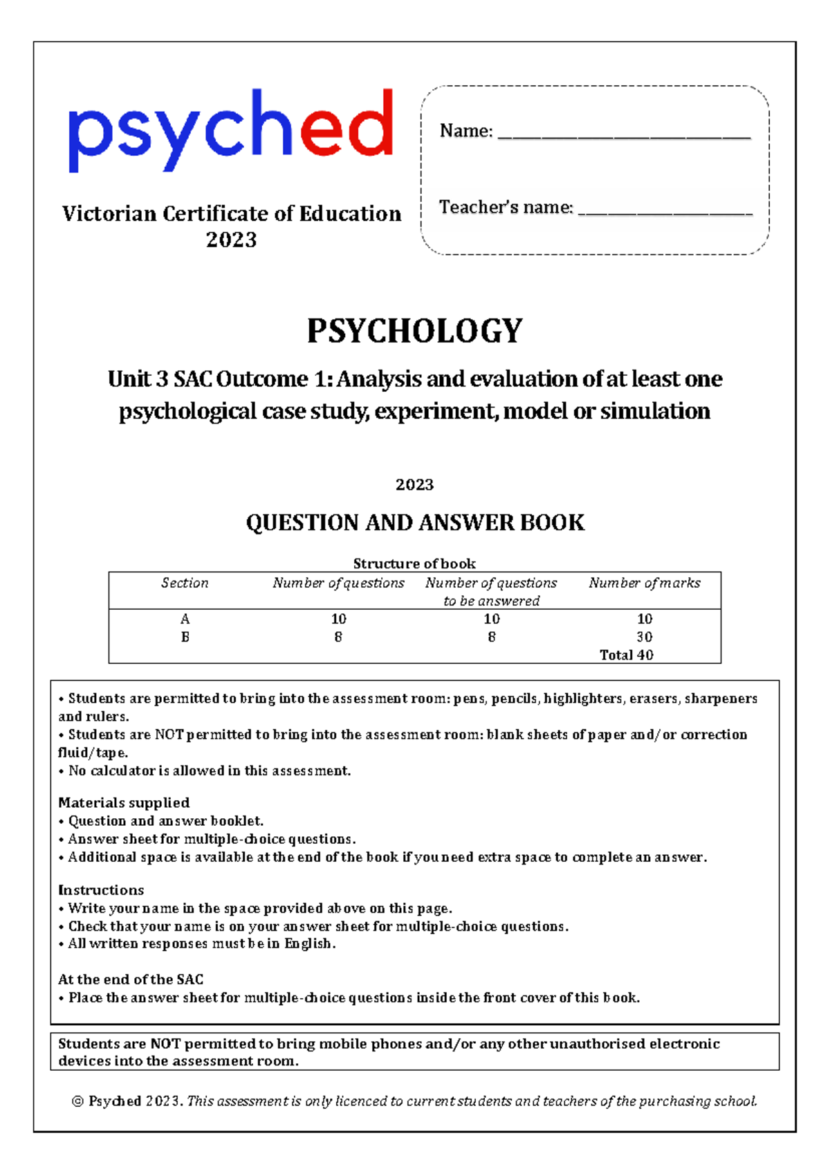 Psyched Unit 3 SAC 1 2023 - Psychology Case Study Analysis and Q&A ...
