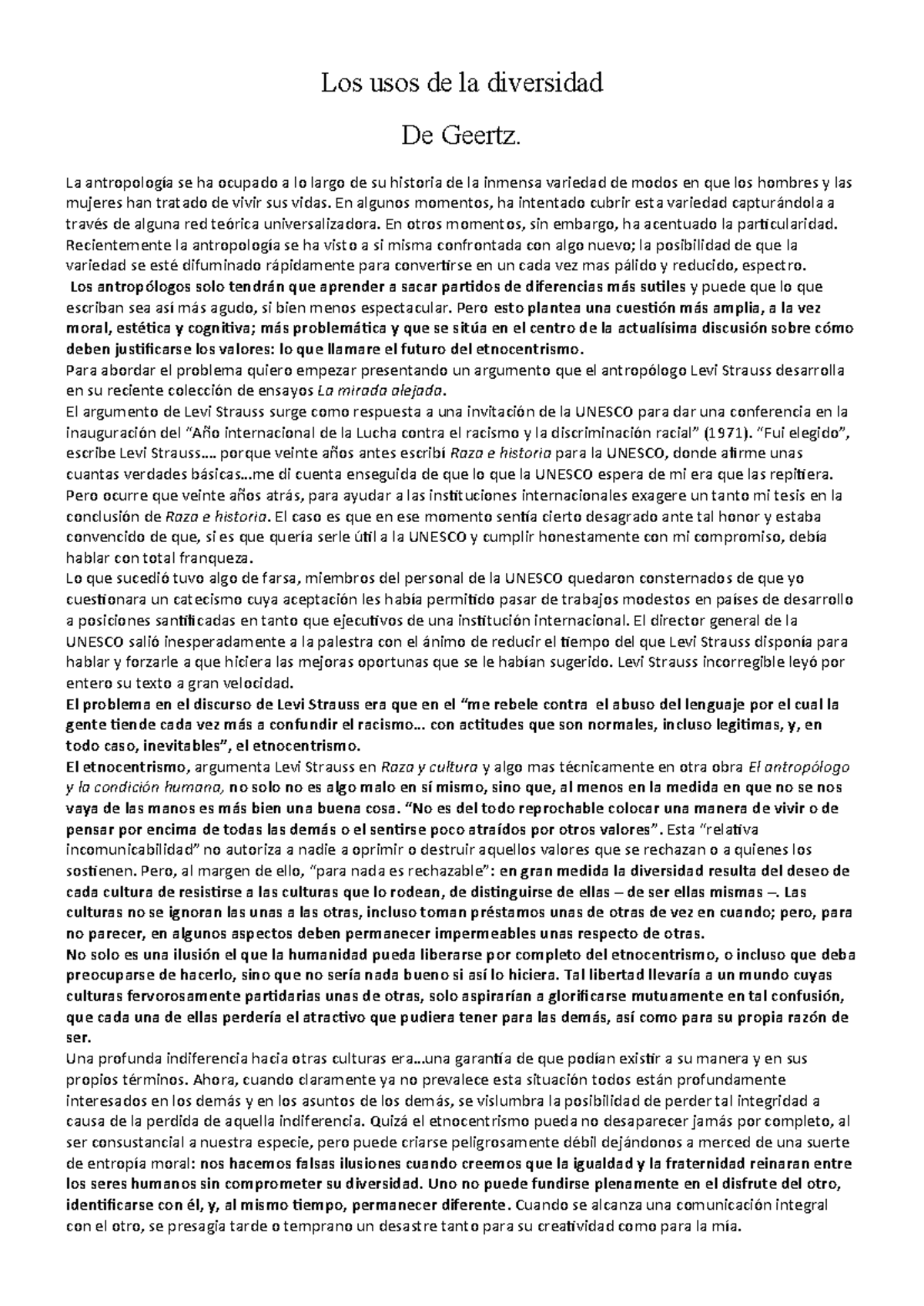 14-Geertz: Usos de la Diversidad Cultural en Antropología - Studocu