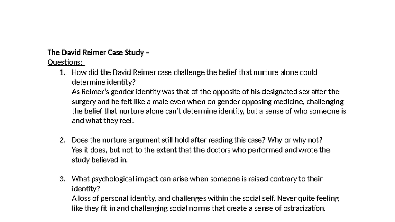 Nature vs. Nurture: Insights from the David Reimer Case Study - Studocu