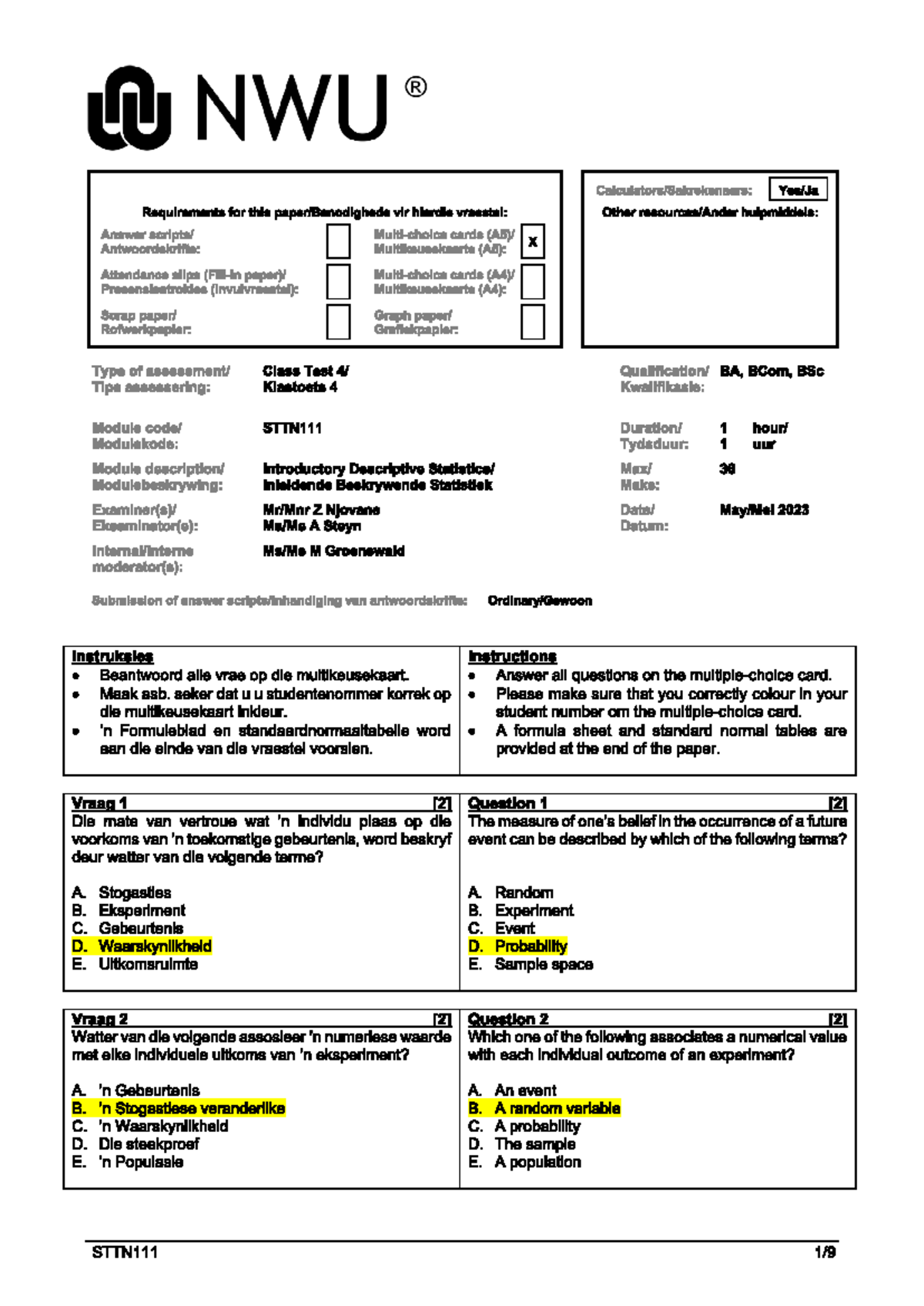 STTN111 2023 Class Test 4 Answer Key and Instructions - Studocu