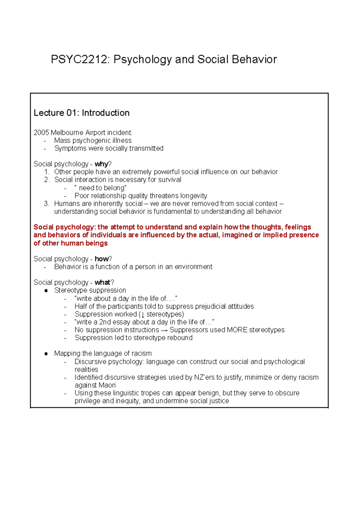PSYC2212: Social Behavior Lecture Notes - Key Concepts and Theories ...