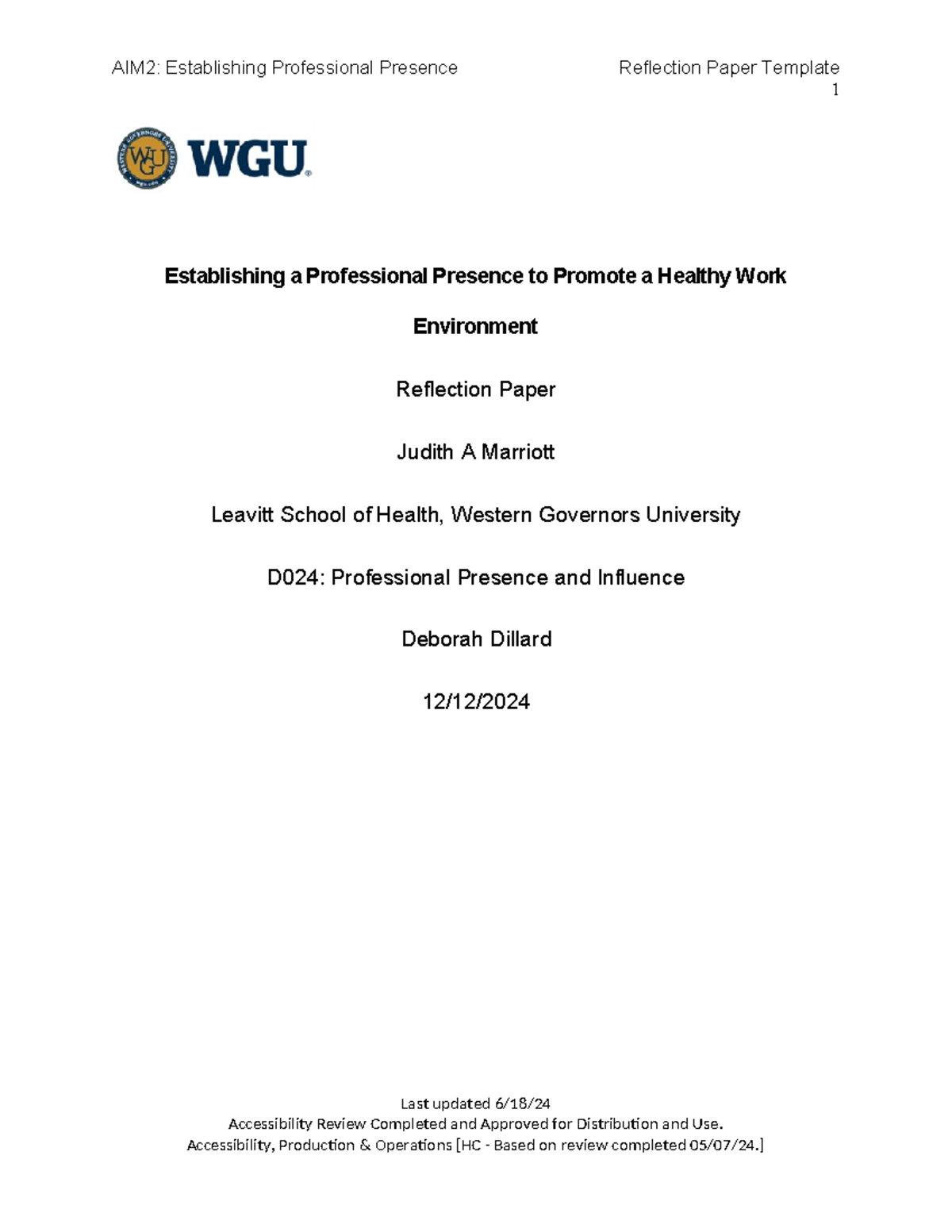 D024Reflection Paper Templatenight - 1 Establishing a Professional ...