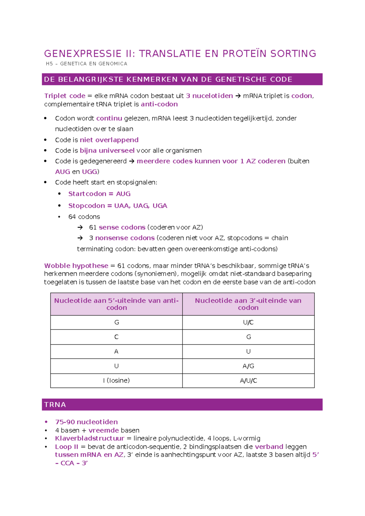 Genexpressie II: Translatie en Eiwit Sortering H5 Genetica en Genomica ...