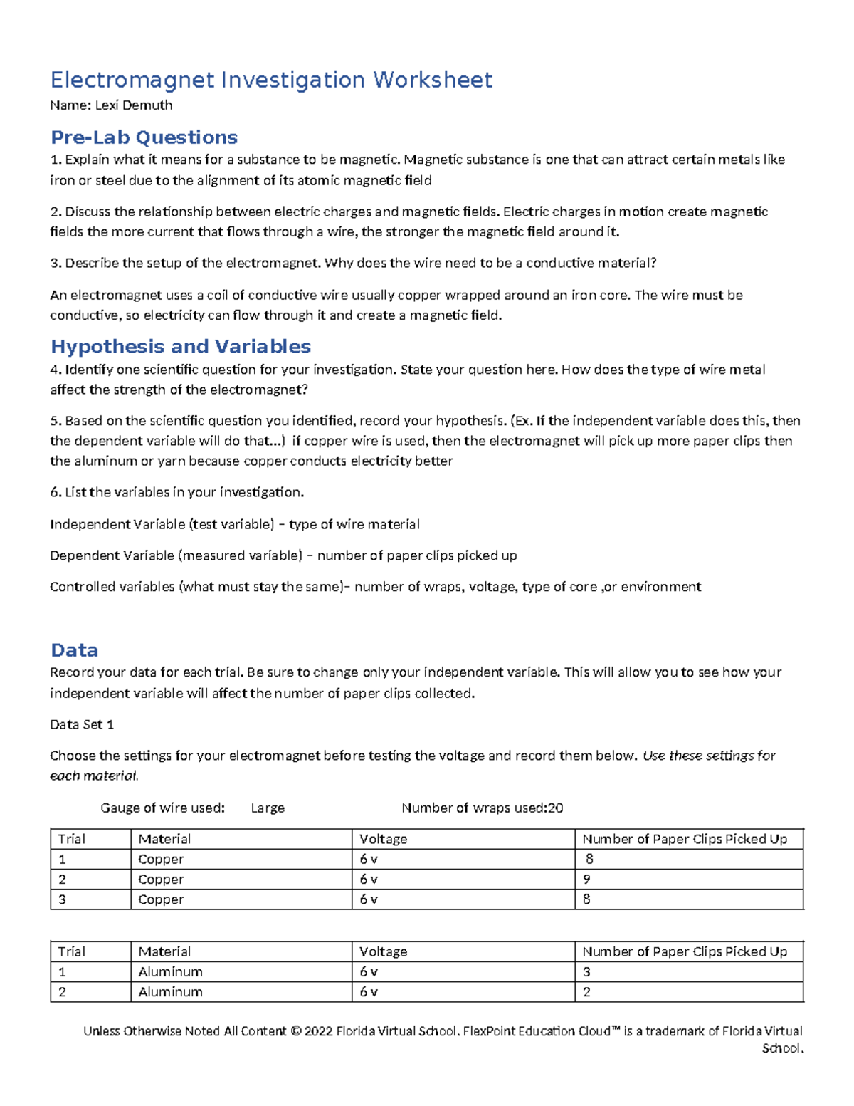 02.06 Electromagnet Investigation Worksheet - Studocu