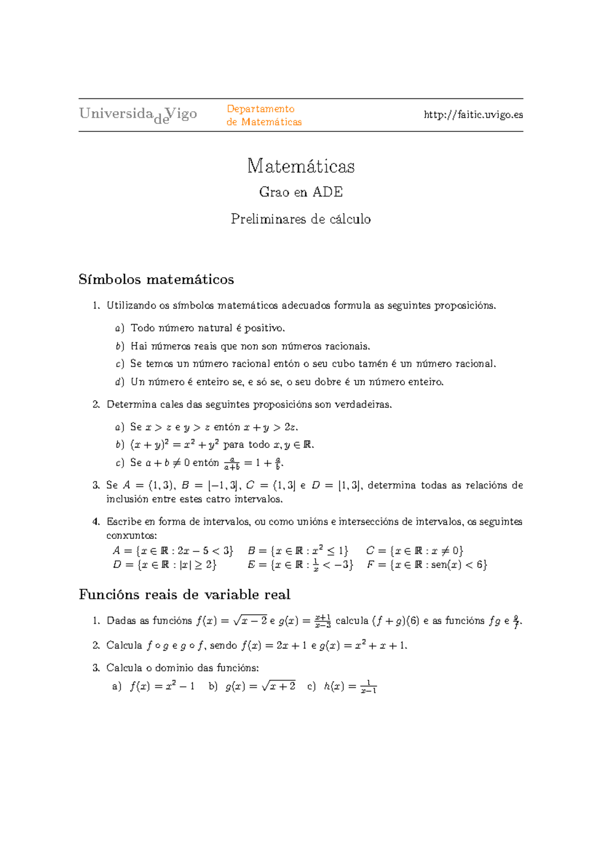 Exercicios Preliminares de Cálculo - Grao en ADE - Matemáticas - Studocu