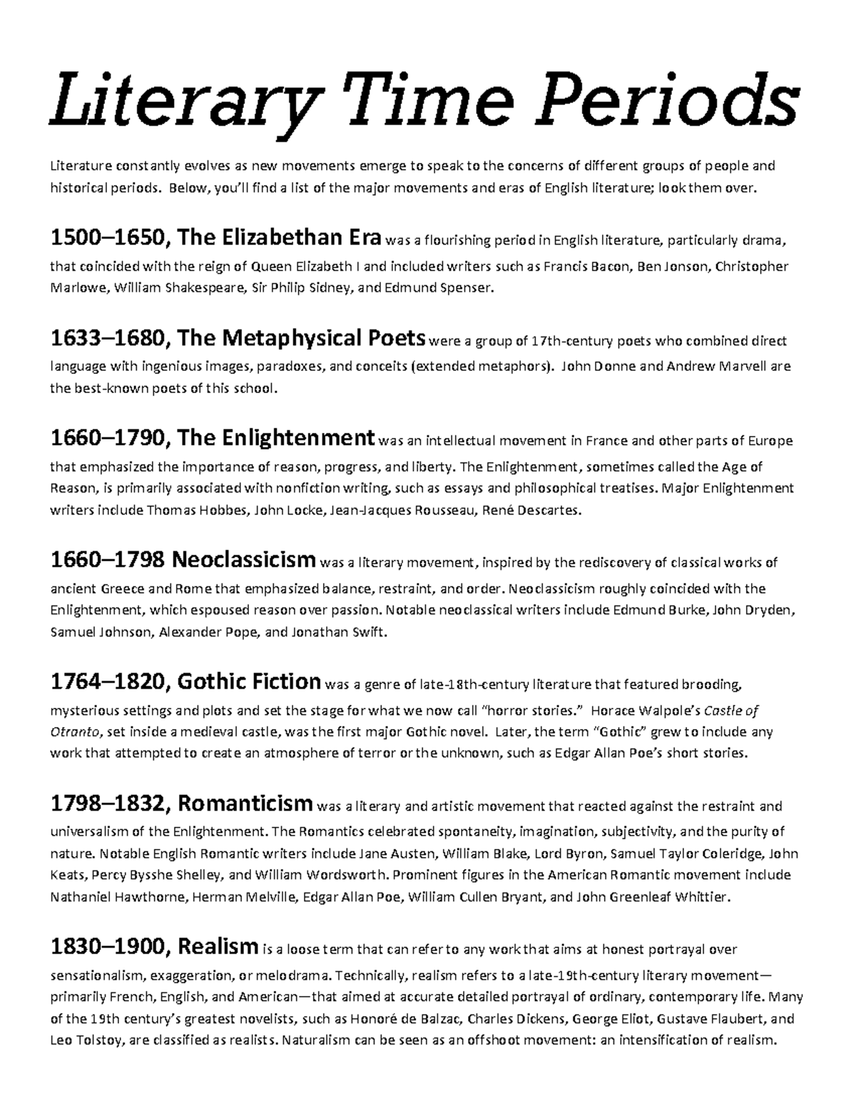 Literary Movements and Eras in English Literature - Studocu