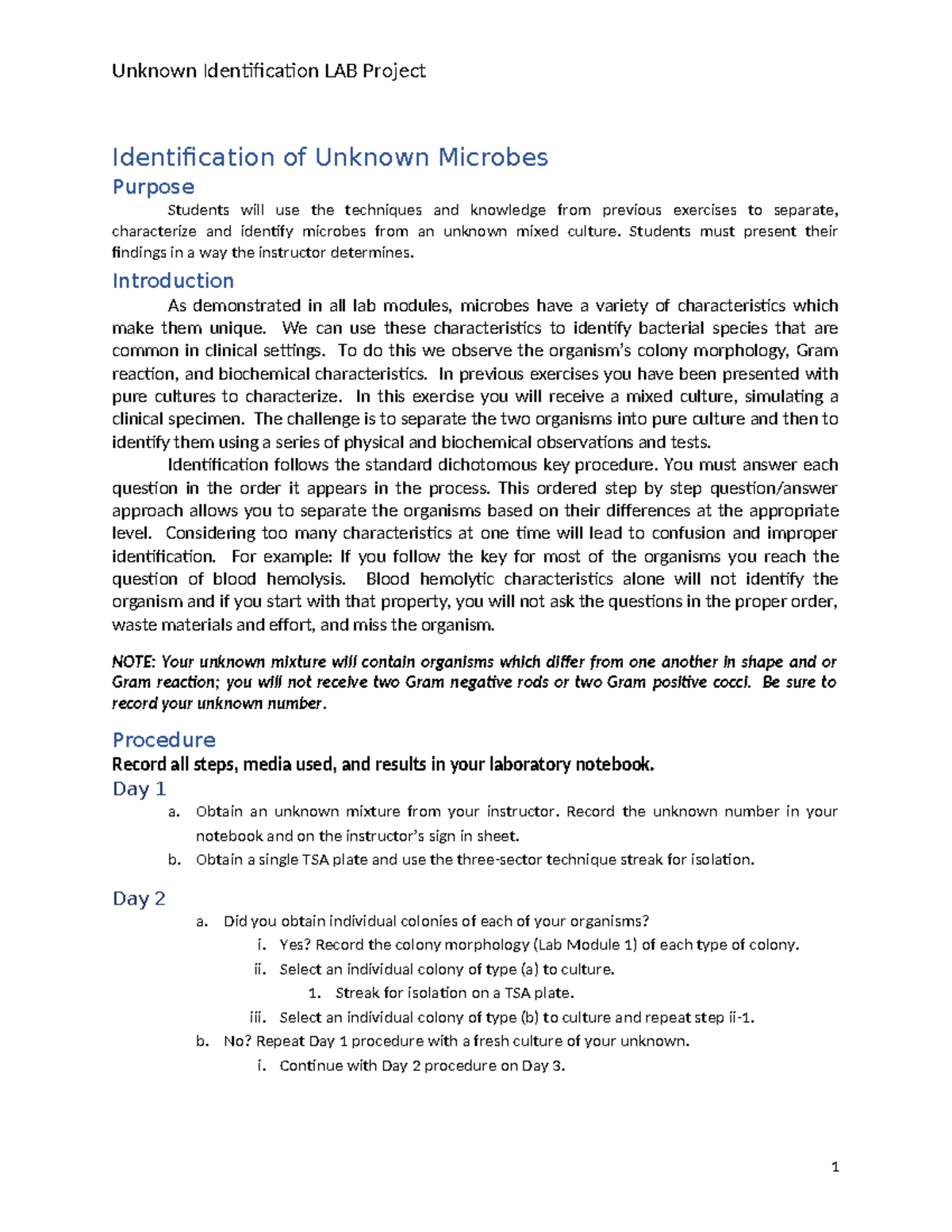 Microbiology Unknown Microbes - Identification of Unknown Microbes ...