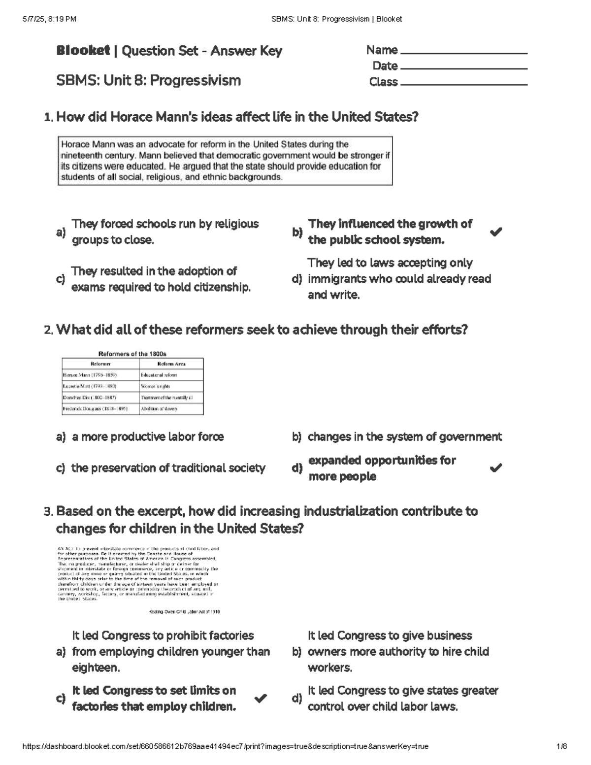 SBMS: Unit 8 - Progressivism Quiz and Answer Key - Blooket | Question ...