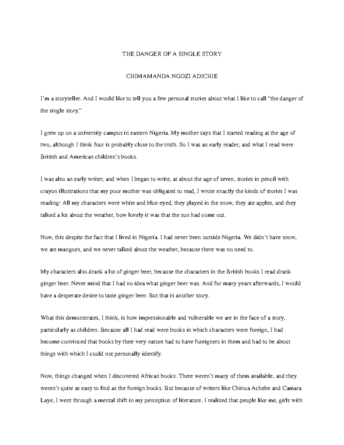 TED Talk Notes: The Danger of a Single Story by Chimamanda Adichie ...