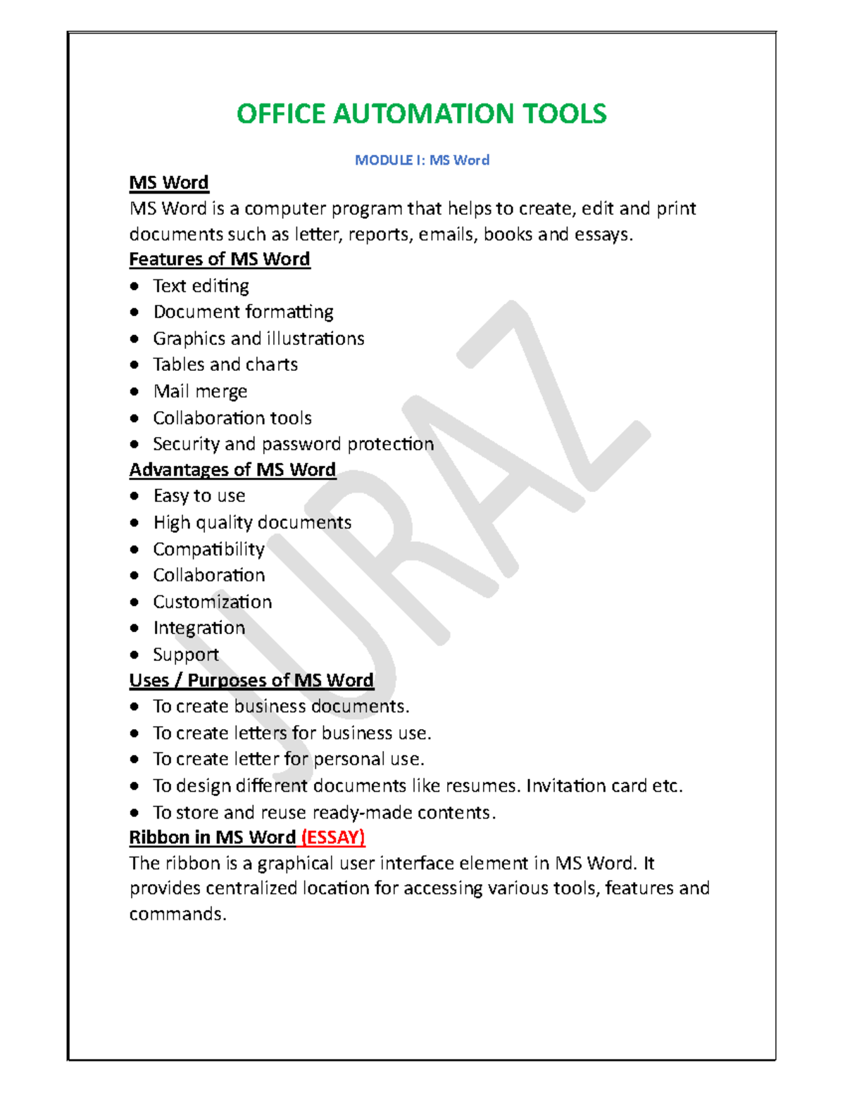 Office Automation Tools: MS Word & Excel Overview (Module I & II) - Studocu