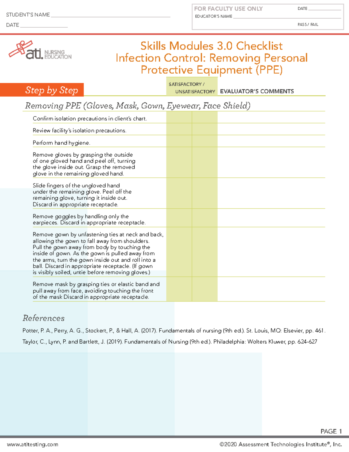 Infection Control Skill Checklist: Removing PPE 19 - Studocu