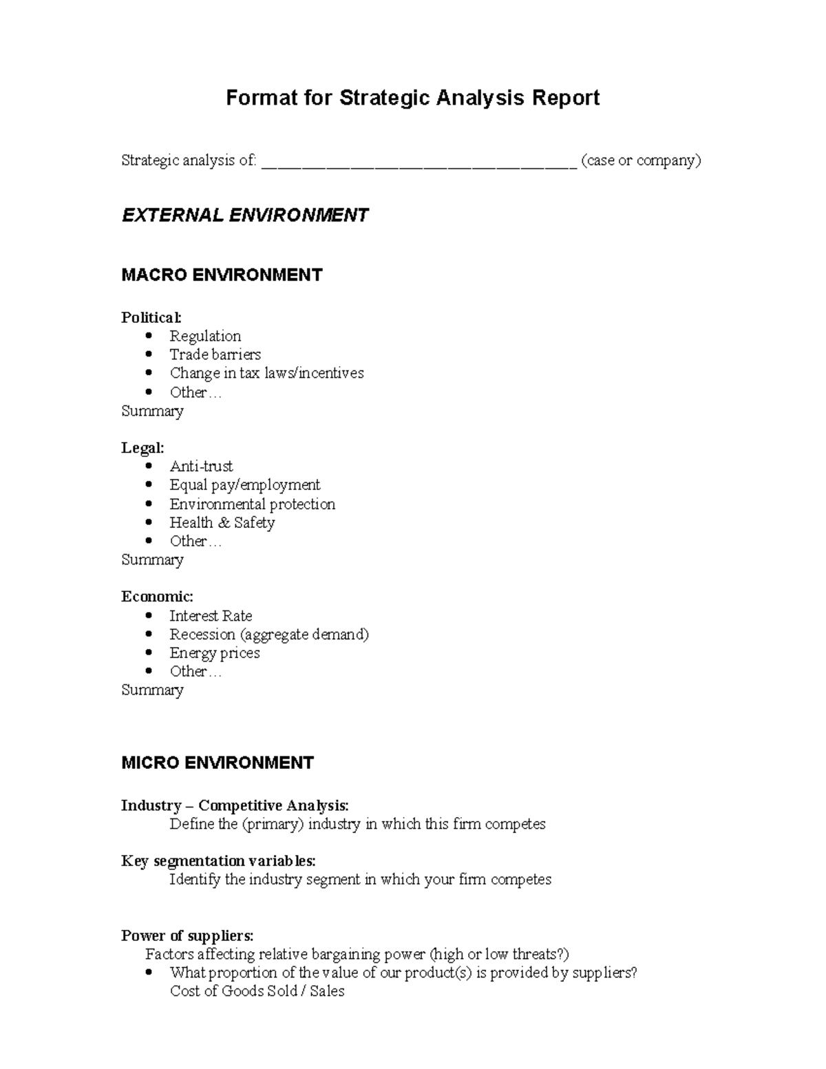 Strategic Analysis Report Format: EXTERNAL & INTERNAL ENVIRONMENT - Studocu