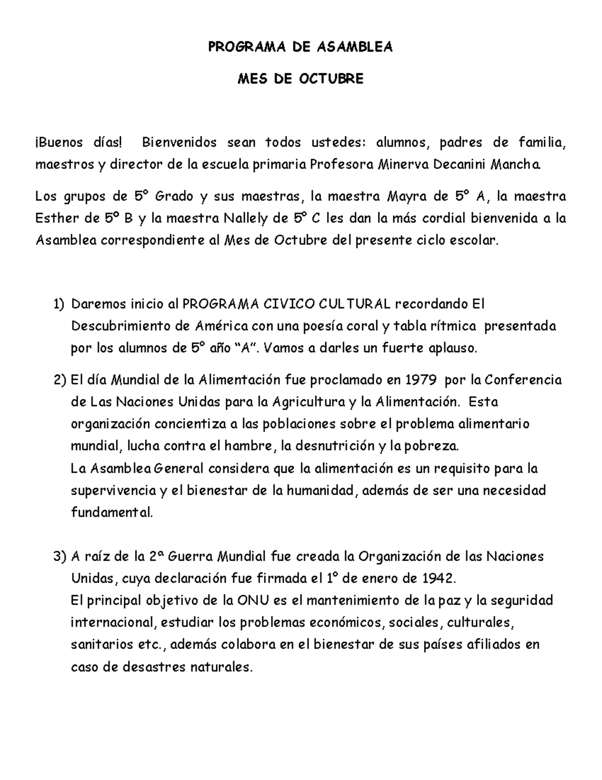 Programa de Asamblea - Mes de Octubre en la Escuela Primaria - Studocu