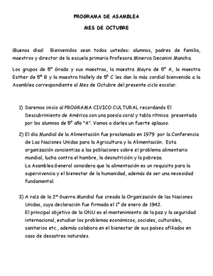 Programa Asamblea NOV - PROGRAMA ASAMBLEA DE NOVIEMBRE Buenas tardes. Profesora Griselda Escobar ...