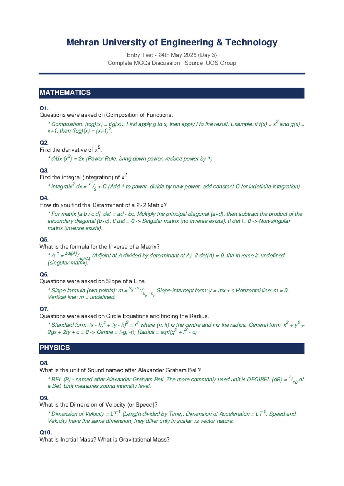 Mehran University Entry Test 2026: Complete MCQs Discussion - Studocu