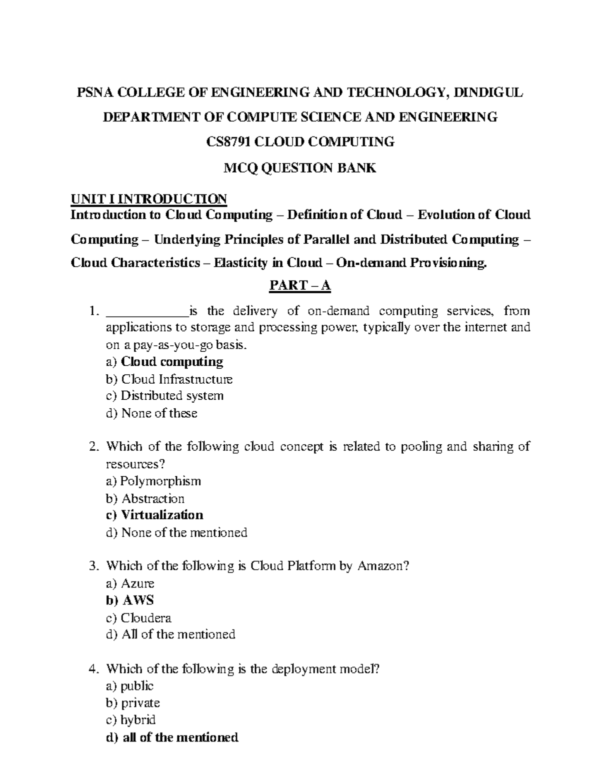 MCQ Question Bank for CS8791 Cloud Computing Full Syllabus - Studocu