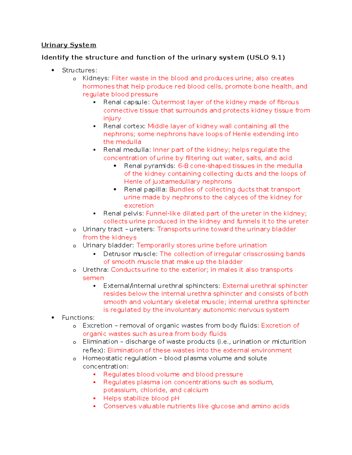 Unit 9 Urinary System: Structure, Function, and Disorders (USLO 9.1-9.4 ...