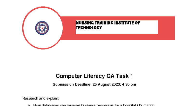 NURSING 101: Computer Literacy CA Task 1 - Database Applications in ...