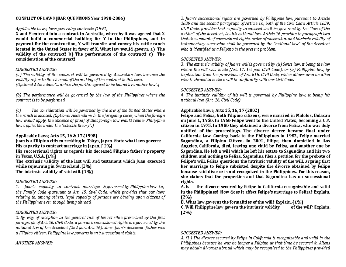 264330636 Conflict of Laws: Bar Questions Analysis (1990-2006) - Studocu