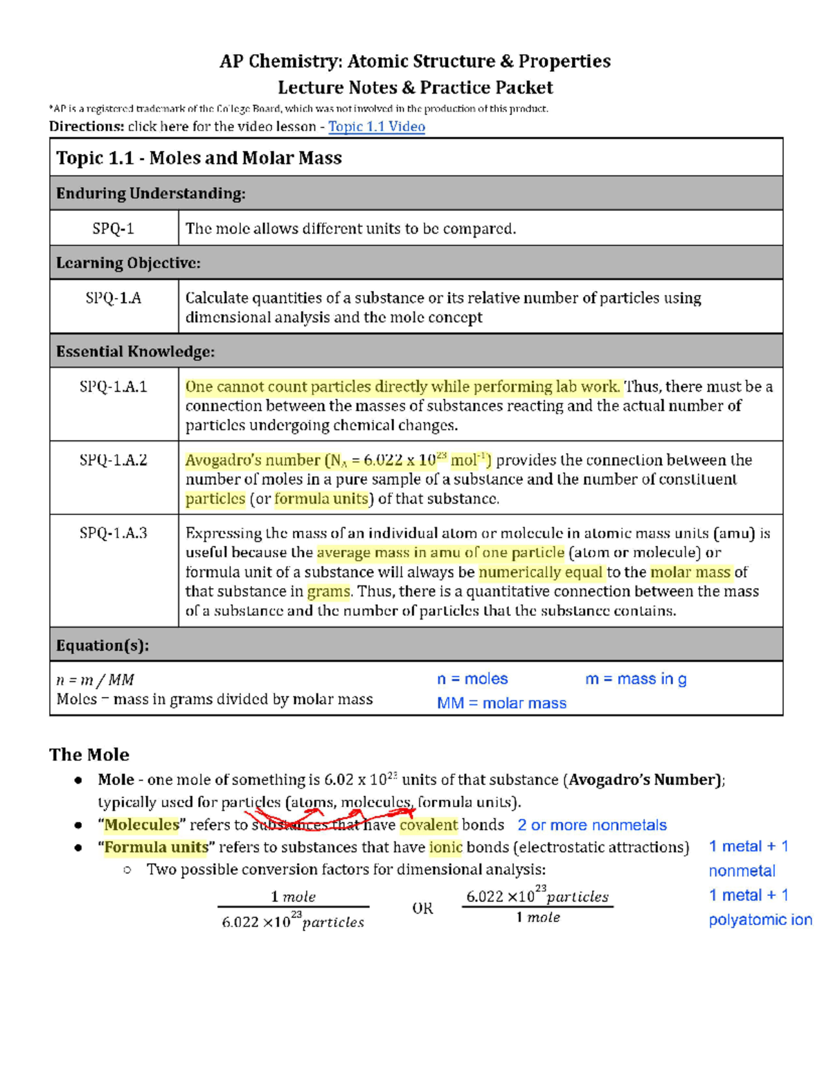 AP Chemistry 0001 - Lecture Notes on Moles & Molar Mass Concepts - Studocu