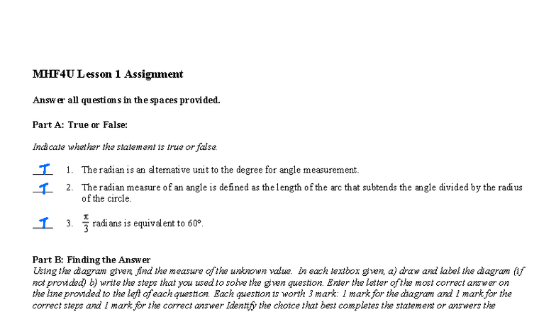 MHF4U Lesson 1 Assignment: Angle Measurement & Problem Solving - Studocu