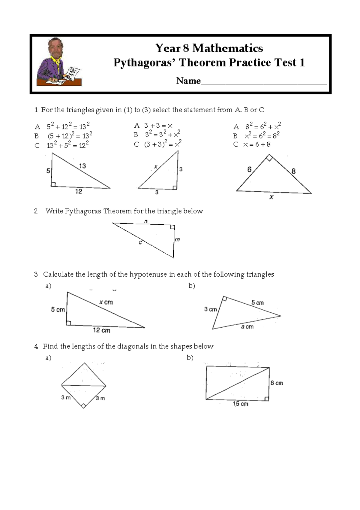 Year 8 Mathematics Pythagorean Theorem Practice Test 1 - Studocu