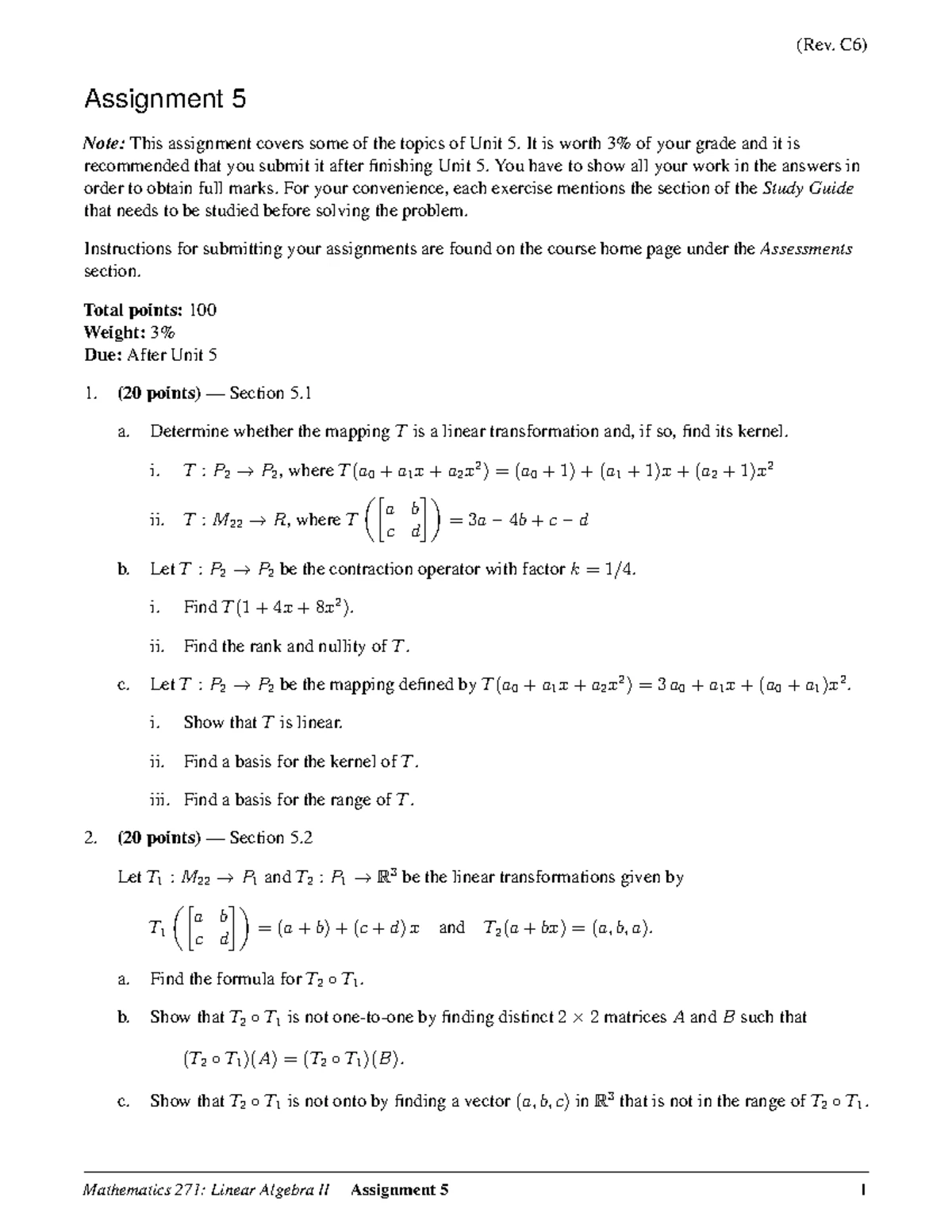 MATH 271: Assignment 01 - Linear Algebra II Unit 1 Review - Studocu