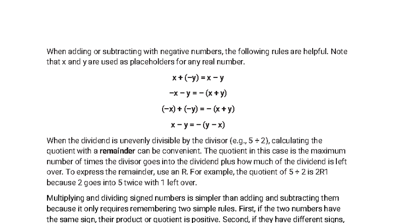 Negative Numbers Operations: Addition, Subtraction, and Divisions - Studocu